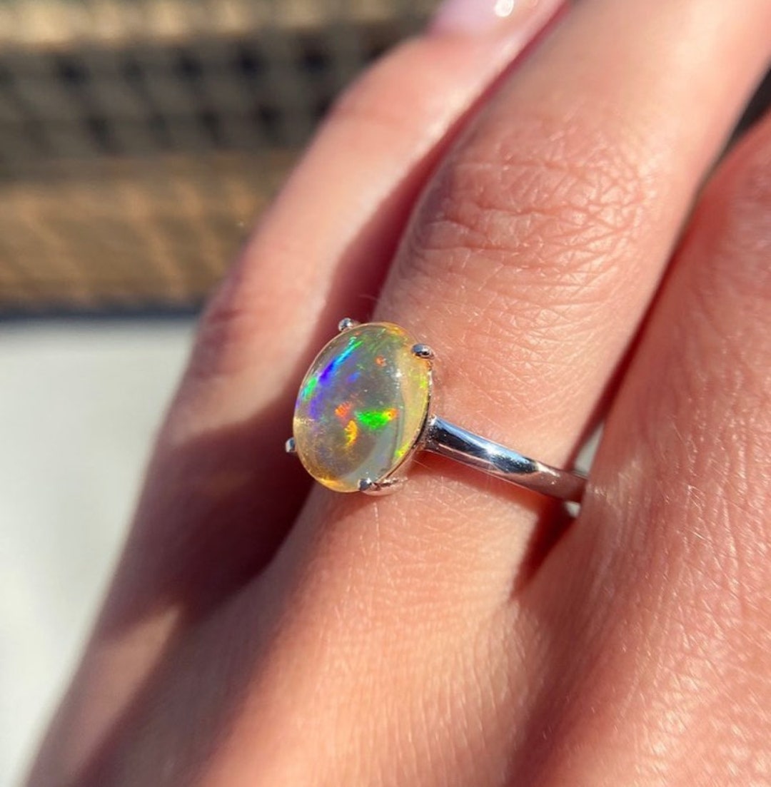 Natural Fire Oval Opal Ring: Sterling Silver Stackable Band October ...