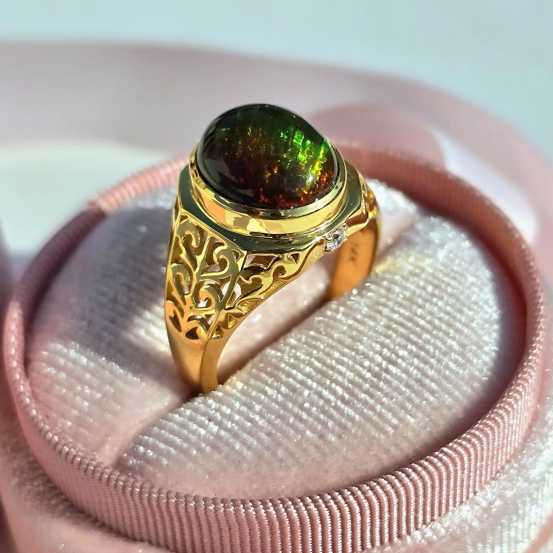 14k Black Opal Ring-fire Opal Signet Ring-black Opal Ring-opal Gold ...