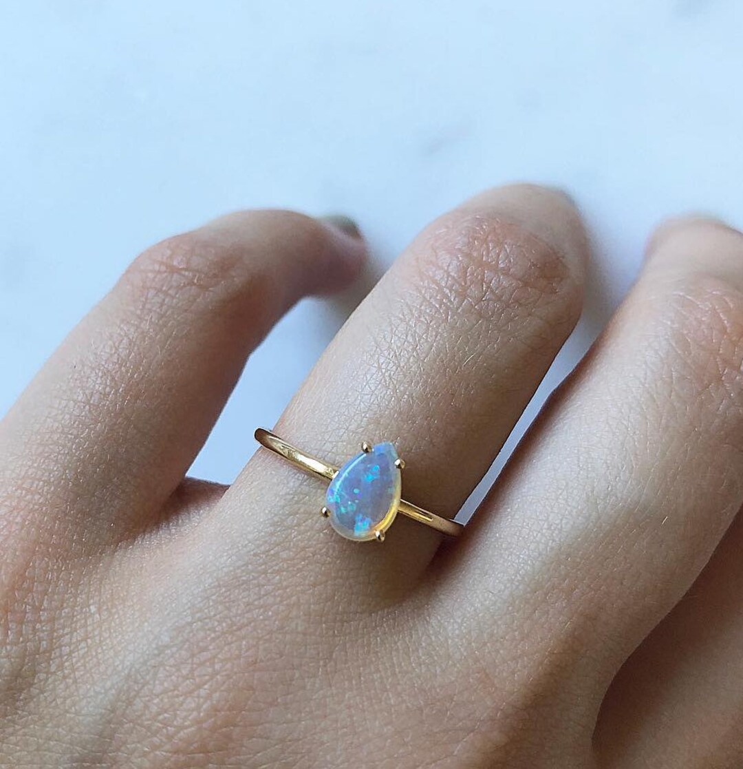 Natural Opal Ring-tear Drop Fire Opal Band-pear Gemstone Ring-sterling ...