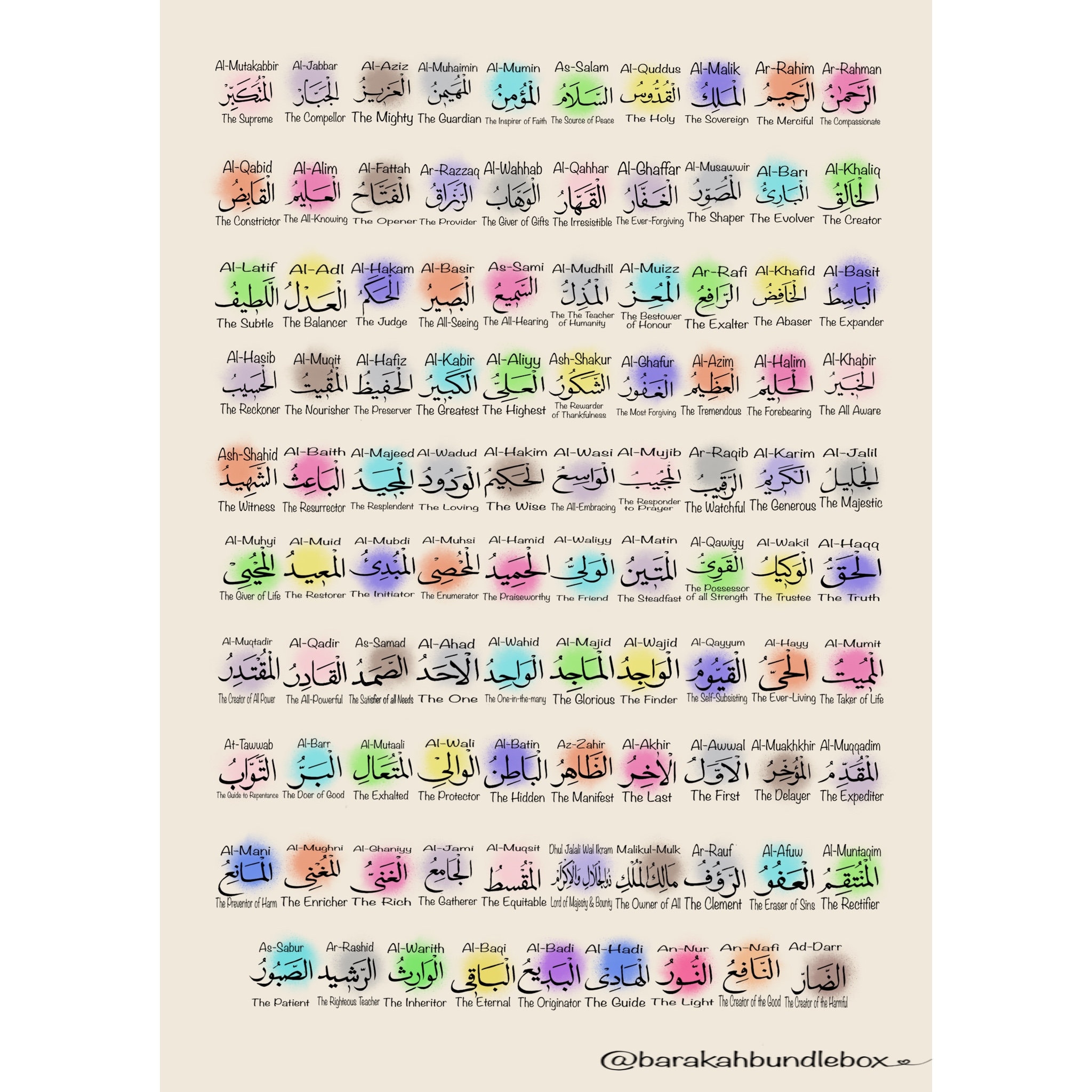 99 Names of Allah Wall Art With English Meaning Free UK - Etsy UK