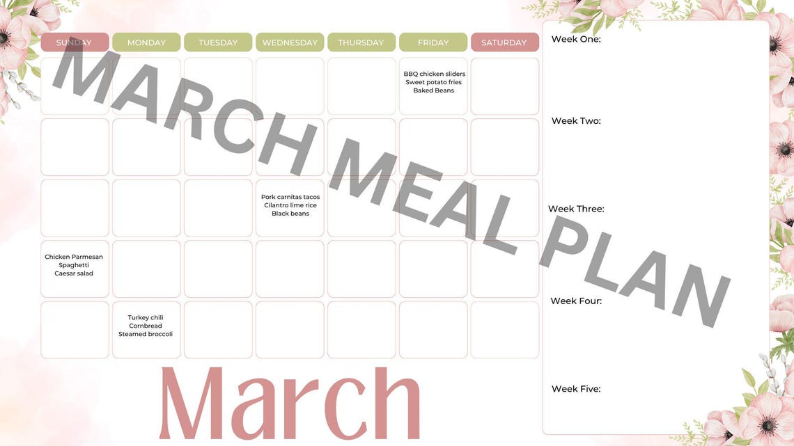 March Meal Plan Calendar full 31 Days of Meals - Etsy