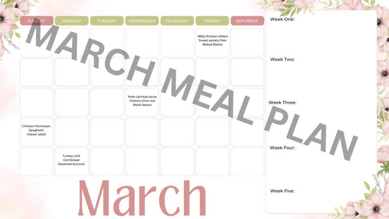 March Meal Plan Calendar full 31 Days of Meals - Etsy