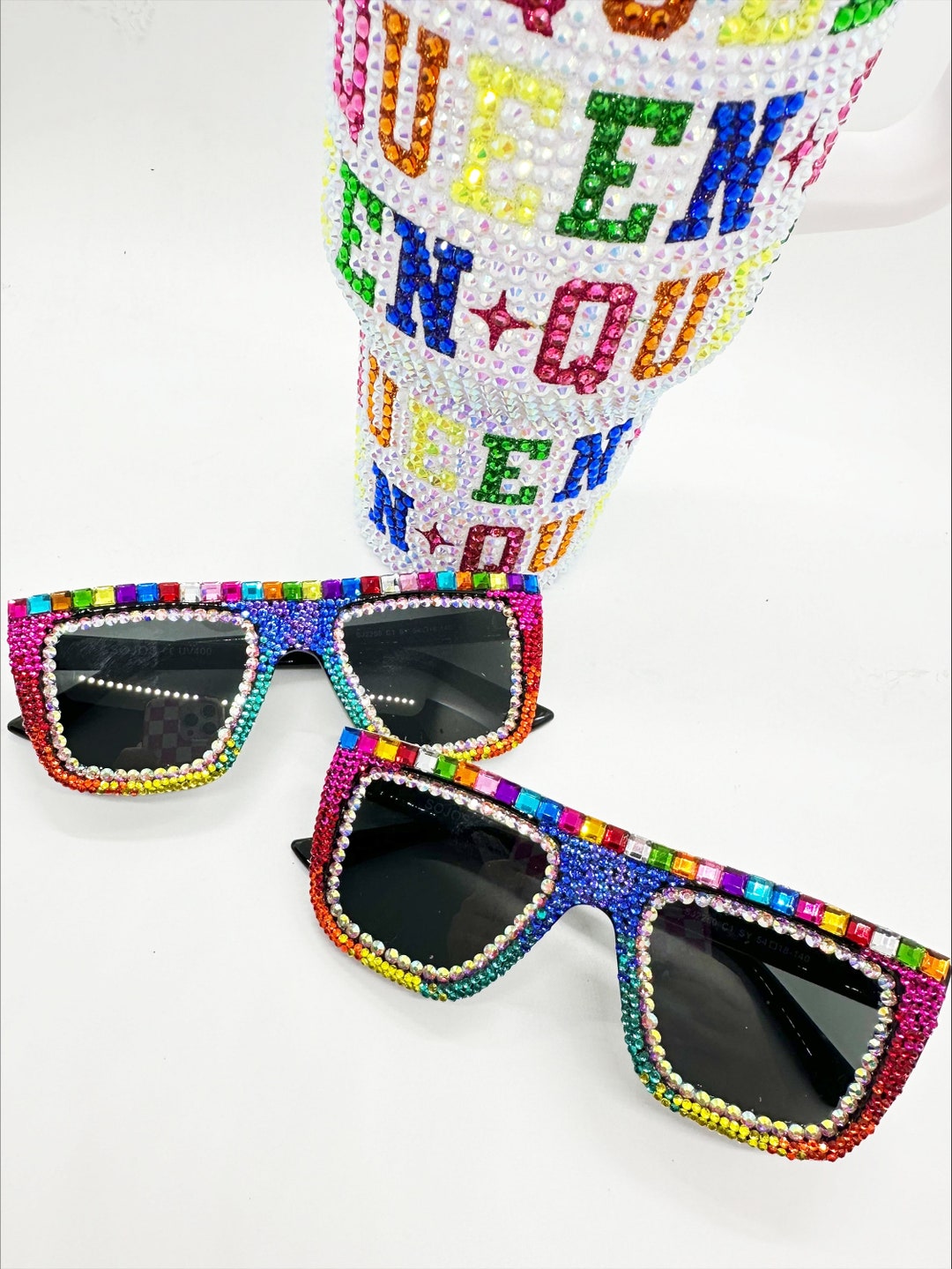 Rainbow Bling Bomb Sunglasses Ombré Rhinestone Fun Party Sunnies Gift ...