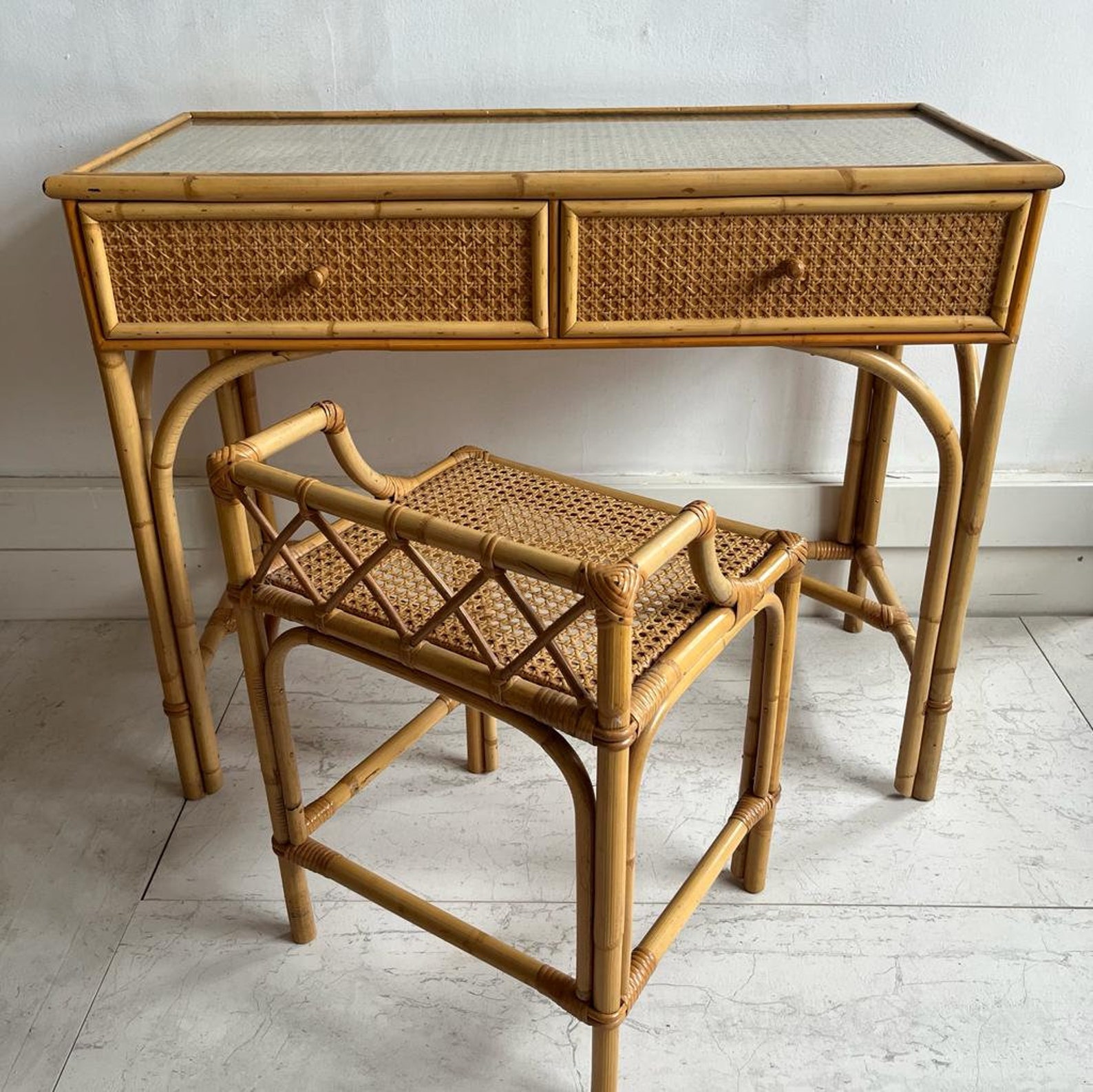Bamboo and Cane Dressing Table & Cane Stool - Etsy