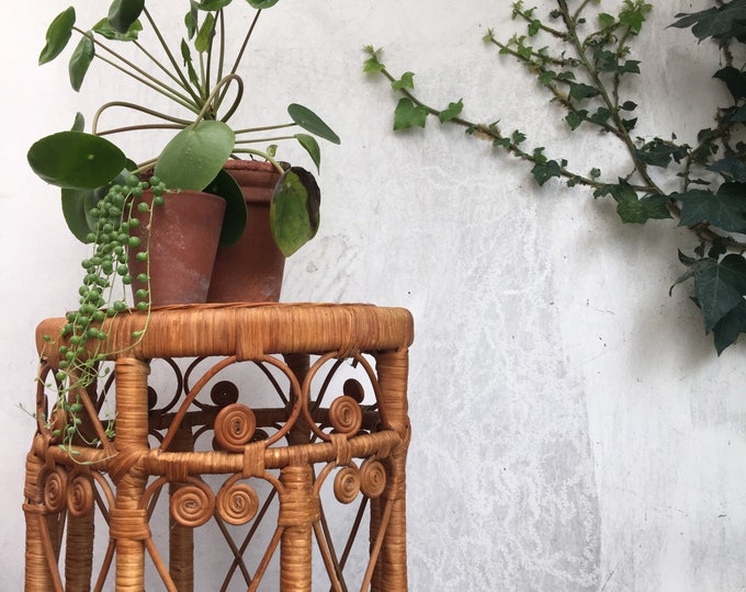Midcentury Mediterranean Wicker and Rattan Stool /table / Plant Stand ...