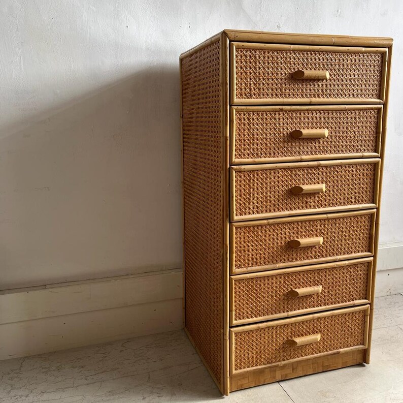 Vintage Cane and Bamboo Tallboy / Chest of Drawers 70s - Etsy