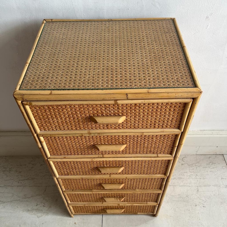 Vintage Cane and Bamboo Tallboy / Chest of Drawers 70s - Etsy