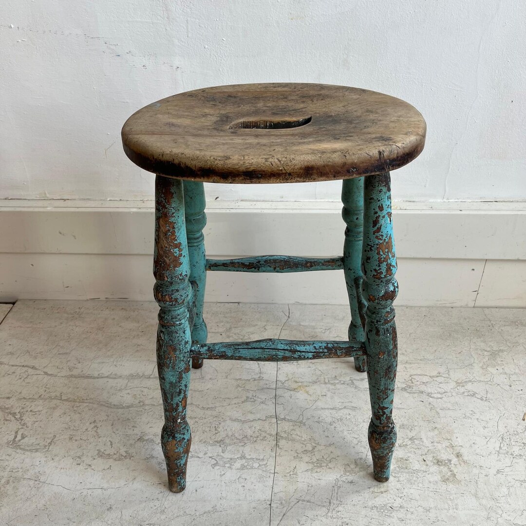19th Century Turquoise Blue Painted Elm Stool - Etsy