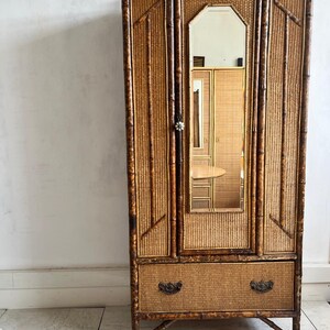 Victorian Cane and Bamboo Wardrobe With Drawer and Mirror / Storage ...