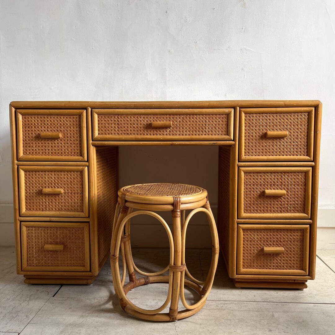 Vintage Cane Dressing Table/ Desk With Glass Top and Stool - Etsy