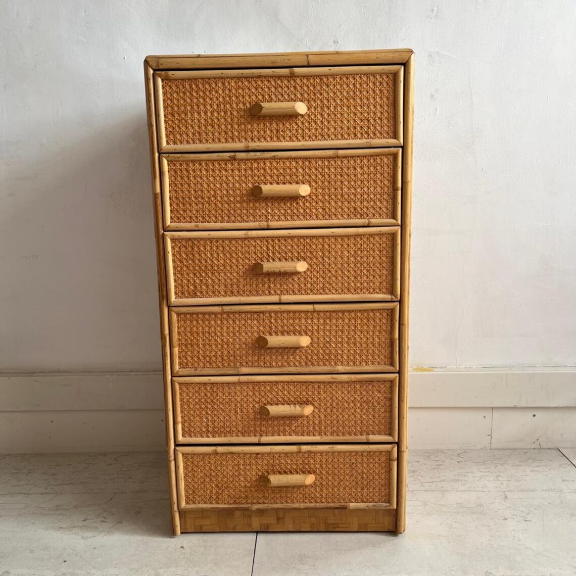 Vintage Cane and Bamboo Tallboy / Chest of Drawers 70s - Etsy
