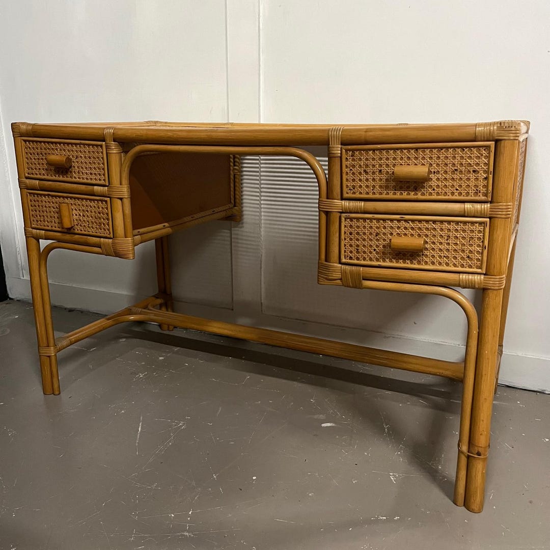 Cane Desk With 4 Drawers and Glass Top - Etsy