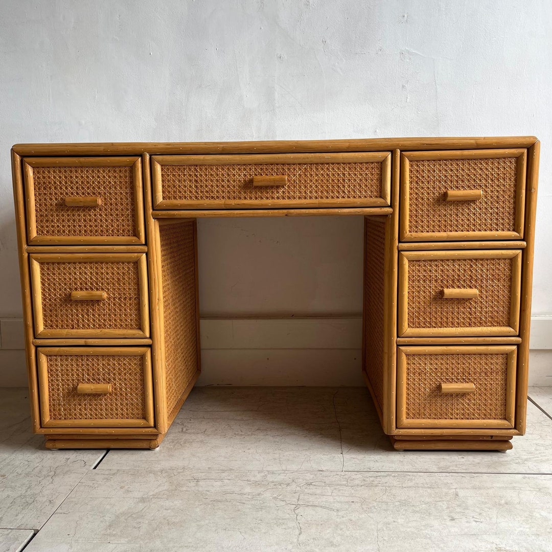 Vintage Cane Dressing Table/ Desk With Glass Top - Etsy