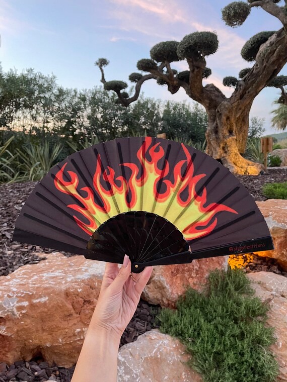 Burning Fire Print Fan / Hand Folding Fan / Rave / Festival / | Etsy