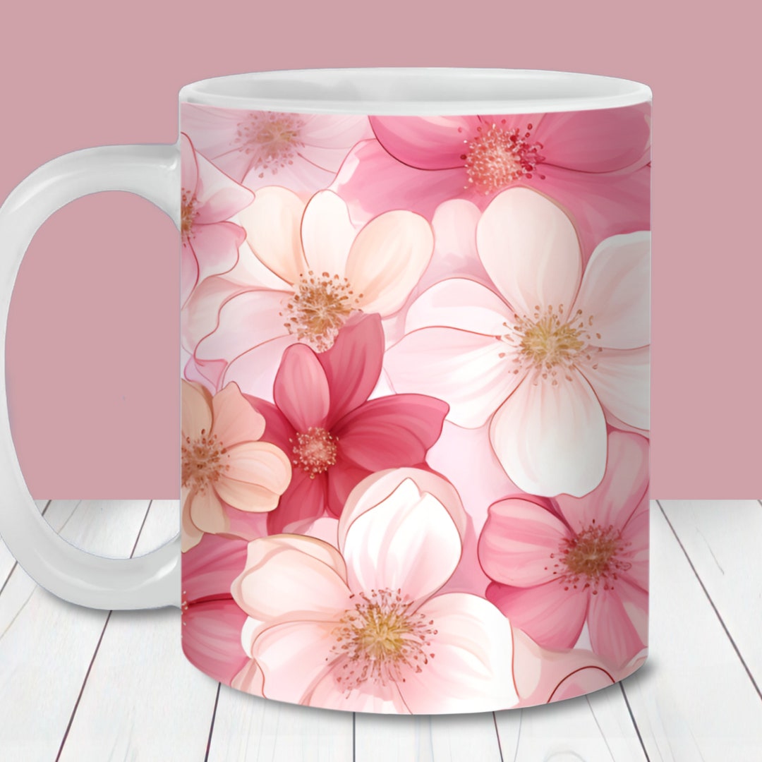 Watercolor Pink and Gold Floral Mug Wrap, 11oz and 15oz Mug Template ...