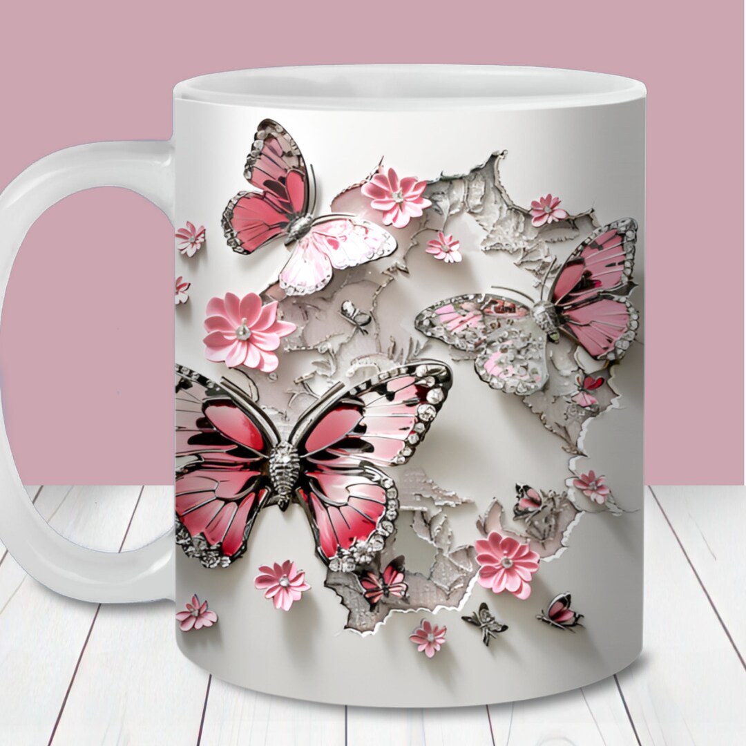 3D Pink Diamond Butterflies and Flowers Mug Wrap, 11oz and 15oz Mug ...