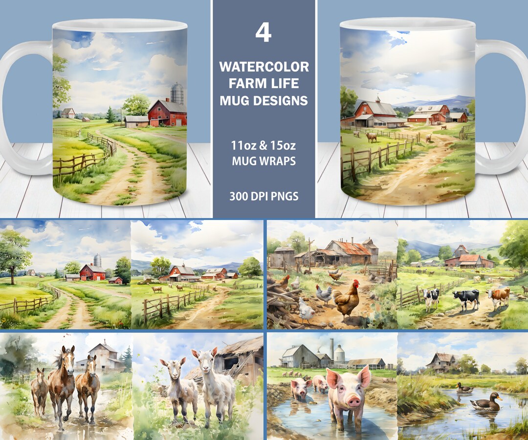 Watercolor Farm Life Mug Wrap Bundle, 11oz and 15oz Mug Wrap Template ...