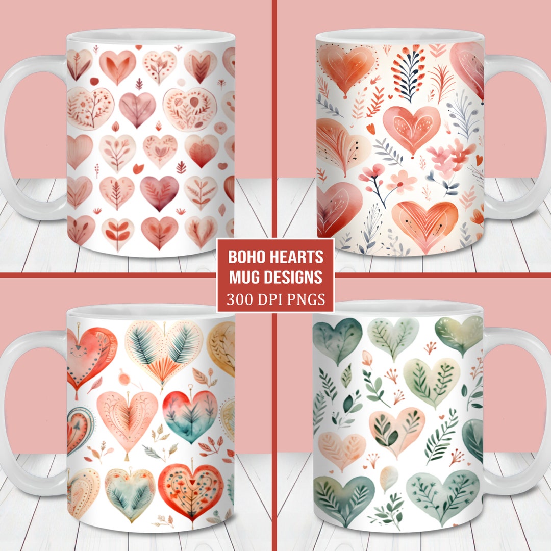 Boho Valentine Hearts Mug Wrap Bundle, Watercolor Mug Designs (digital ...