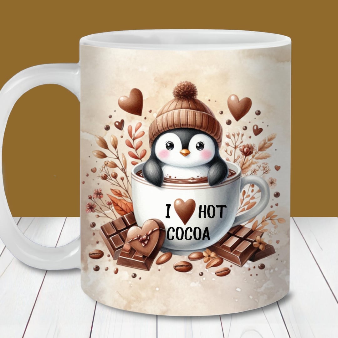 Penguin Hot Cocoa Mug Wrap, 11oz and 15oz Mug Templates, Personalized ...