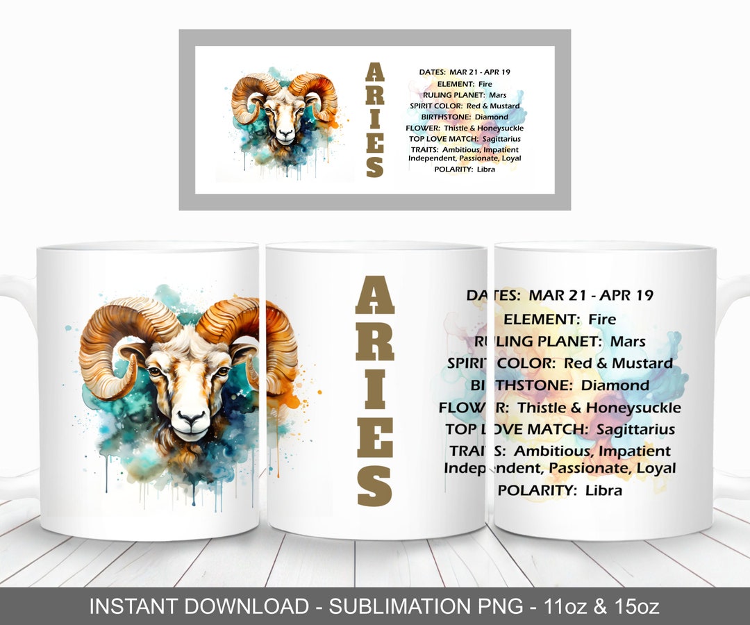 Aries Ram Zodiac Sign Mug Wrap PNG, 11oz and 15oz Mug Wrap Template ...