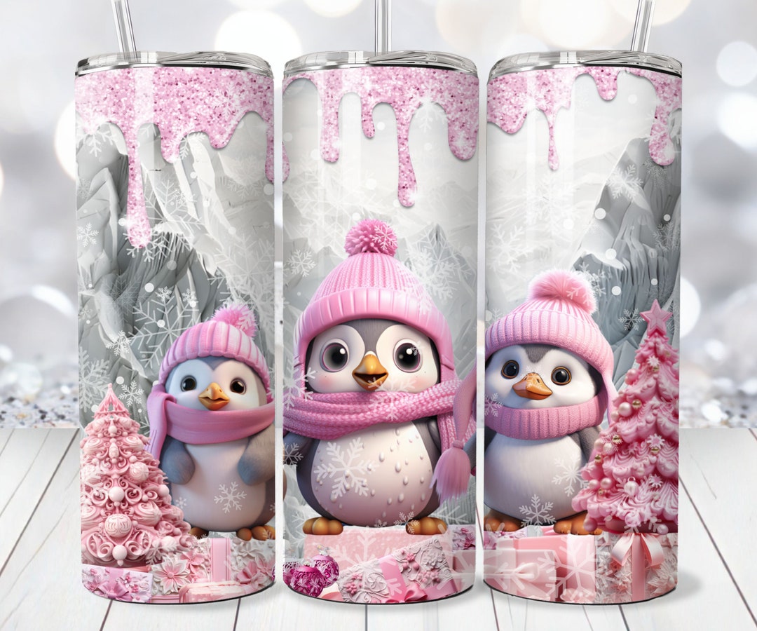 3D Pink Christmas Penguins Tumbler Wrap, 20 Oz Skinny Tumbler Sublimation PNG, Straight and ...
