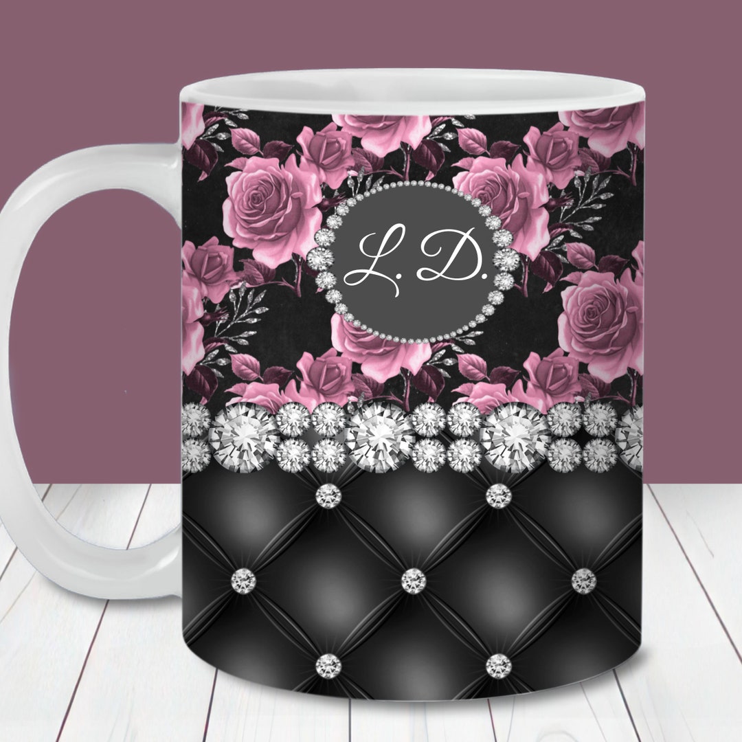 Pink and Black Glam Add Initial Mug Wrap, 11oz and 15oz Mug Template ...