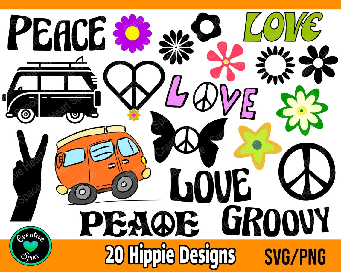 Hippie SVG Bundle, Retro Flowers SVG, PNG, Peace and Love Svg, Boho Svg ...