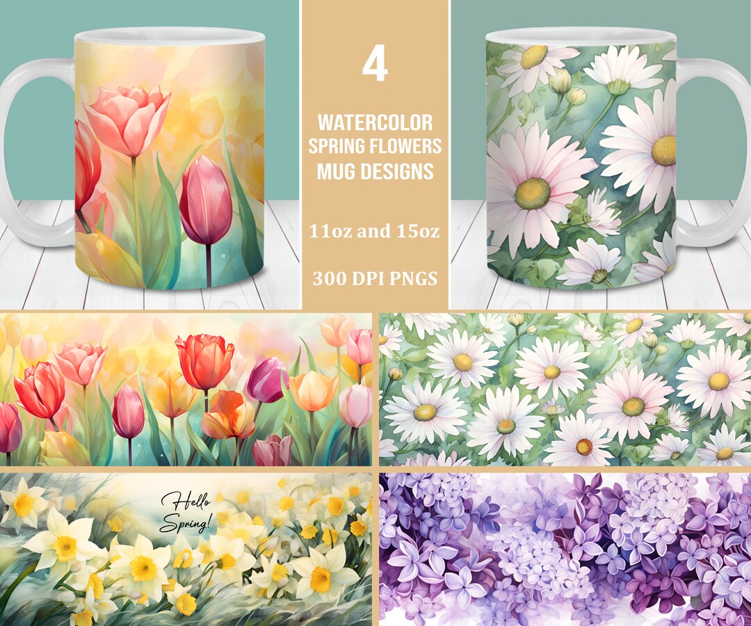 Spring Flowers Mug Wrap Bundle, 11oz and 15oz Mug Template, Instant ...