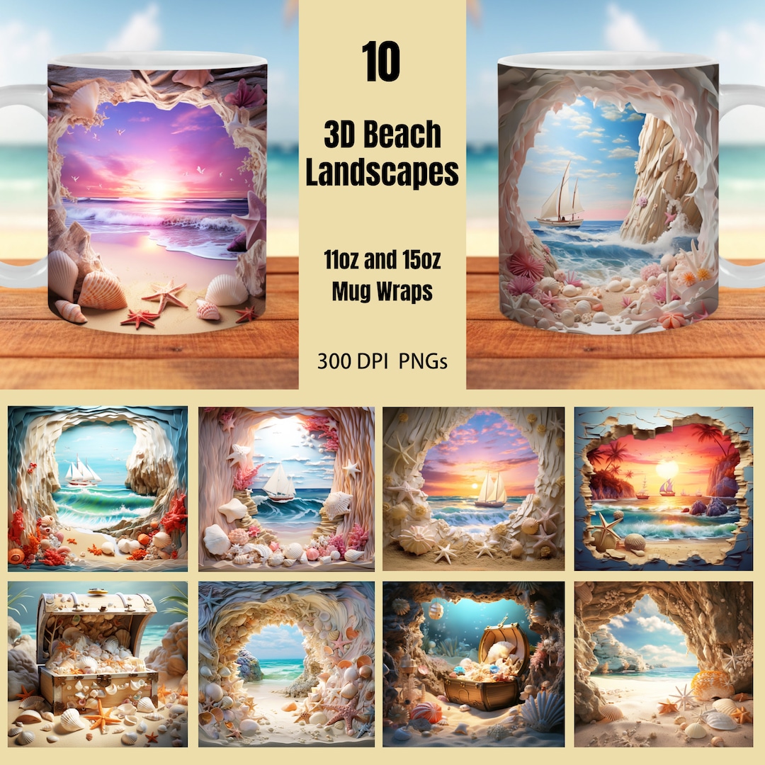 3D Beach Mug Wrap Bundle, 11oz and 15oz Mug Template, Instant Digital ...