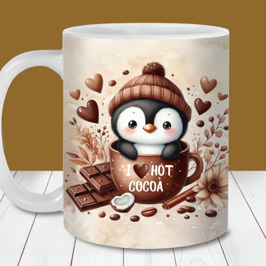 Penguin Hot Cocoa Mug Wrap, 11oz and 15oz Mug Templates, Personalized ...