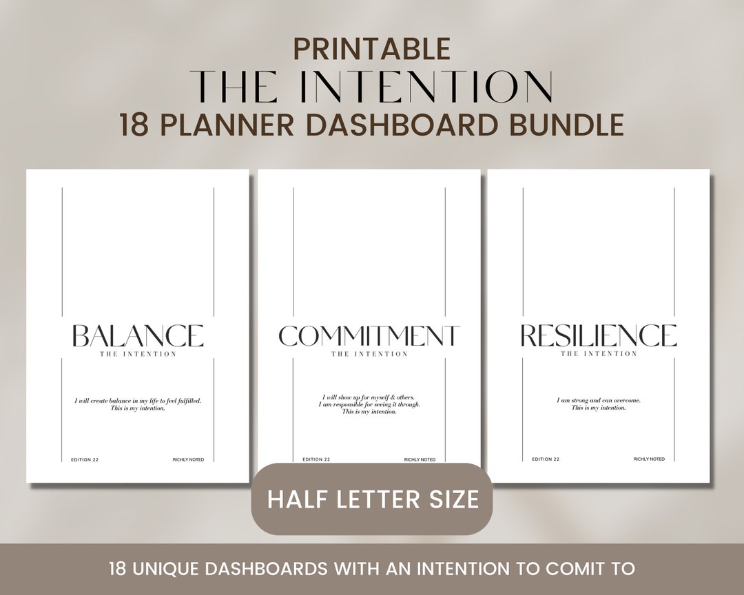 Printable Planner Dashboard Set the Intention in HALF LETTER Size 18 ...