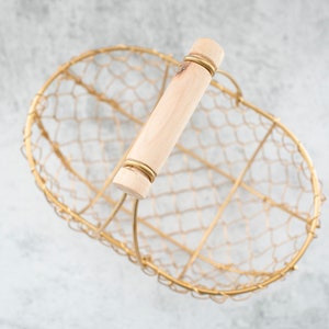 Petite Gold Wire Basket With Wooden Handle | Gold Shallow Wire Basket ...