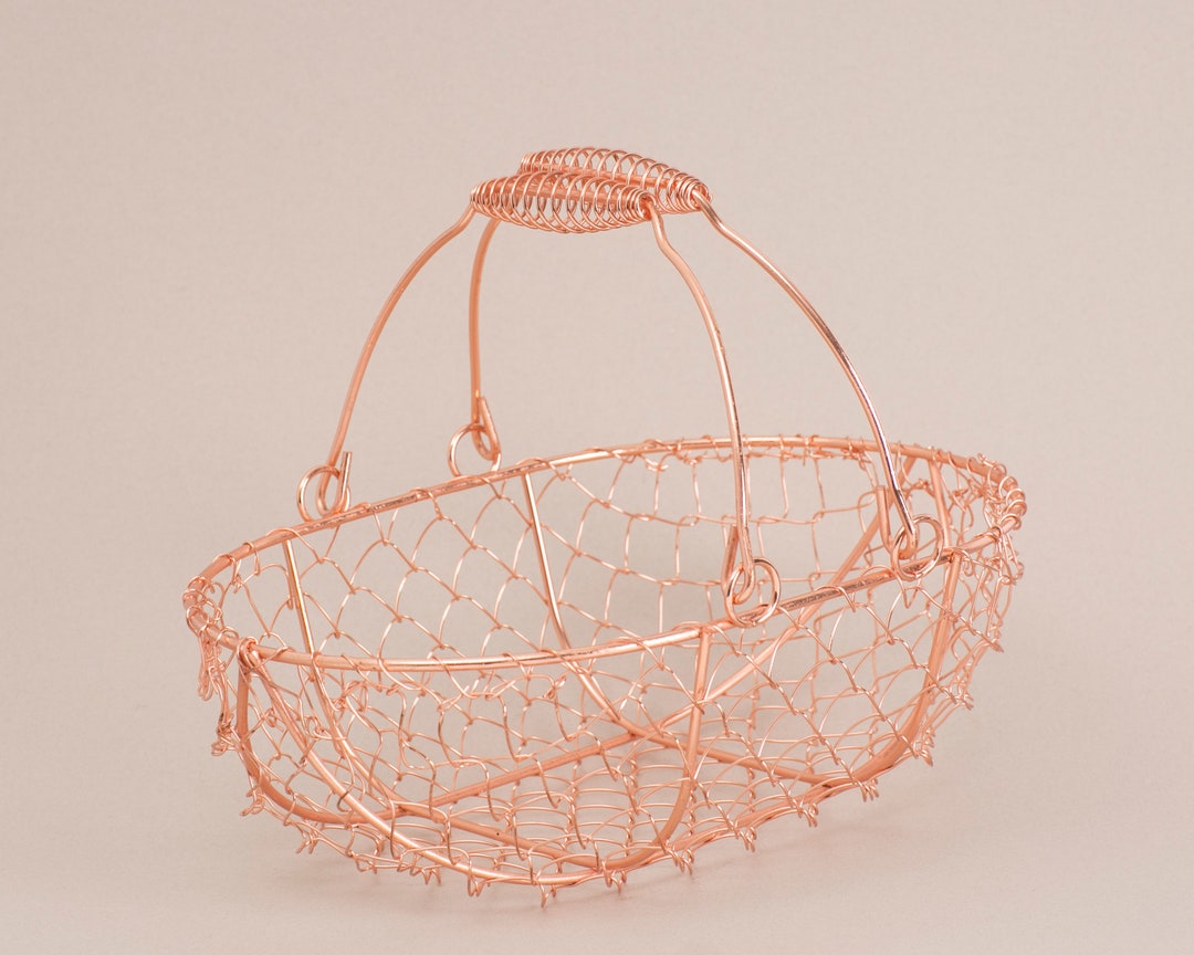 Copper Wire Rose Gold Metal Basket | Shallow Pink Double Swing Handle ...