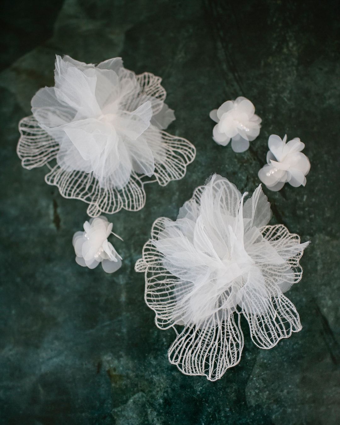 White Floral Appliqué Embellishment Kit: Organza & Embroidered Flowers ...