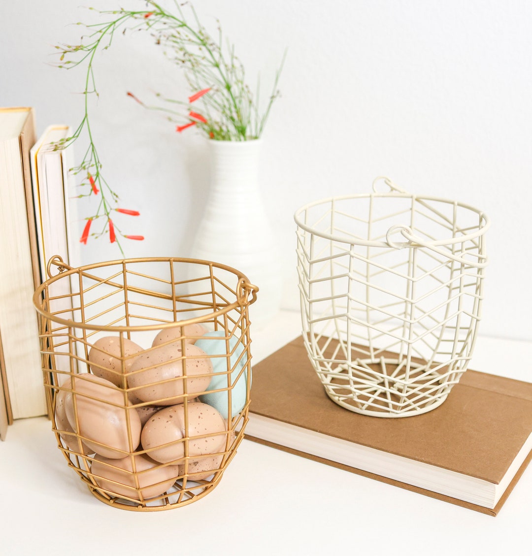 Geometric Wire Basket With Swing Handle: Ivory or Gold Metal Pail - Etsy