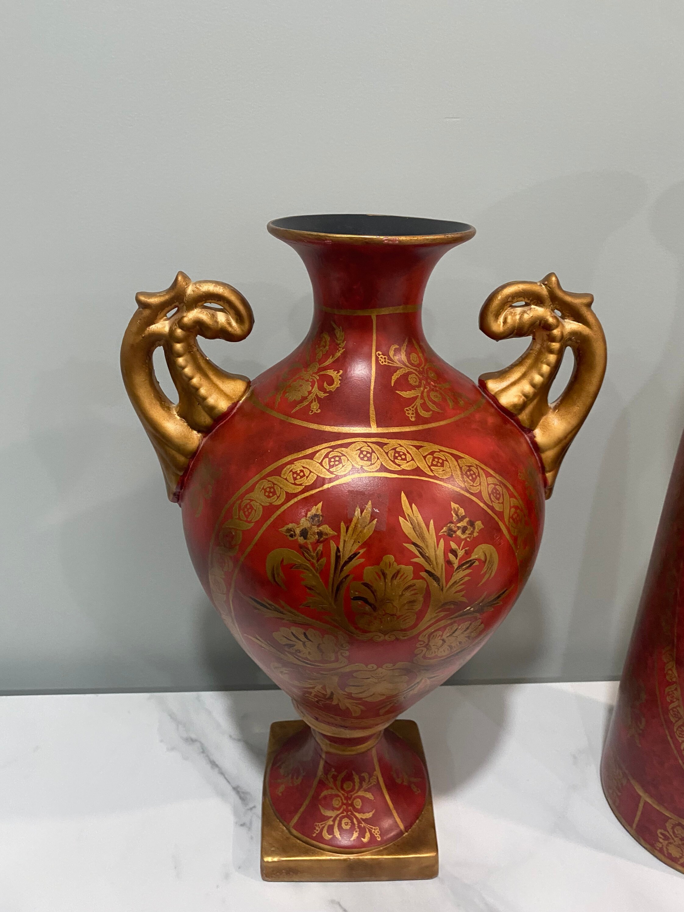 Vintage Ceramic Etched Vase Red and Gold Hand Paited Urn. - Etsy