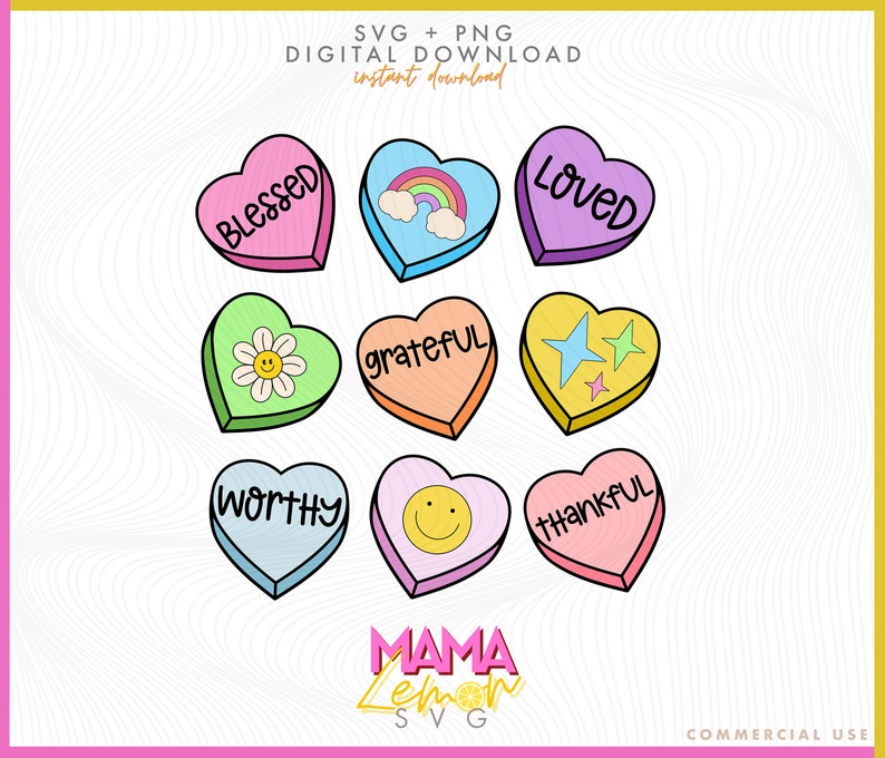Gratitude Svg, Positivity Affirmation Conversation Hearts PNG, Candy ...