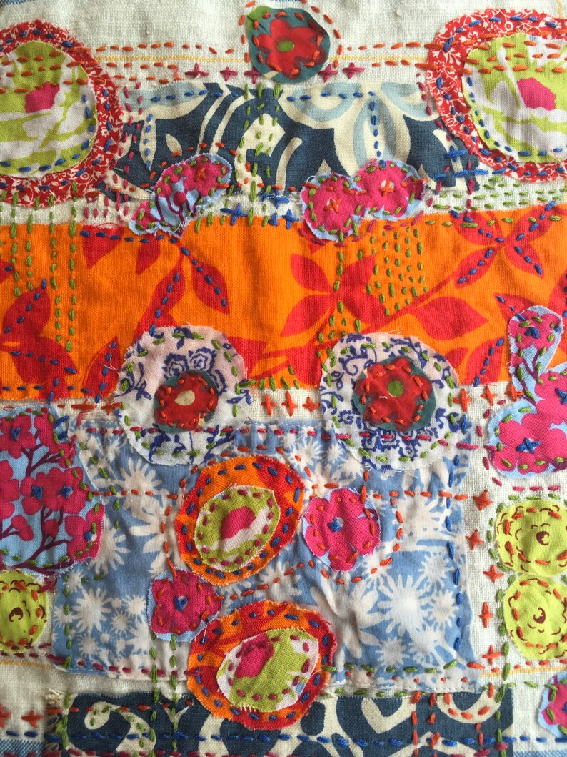 Hand-stitched Bright Multi-colored Fabric Collage - Etsy
