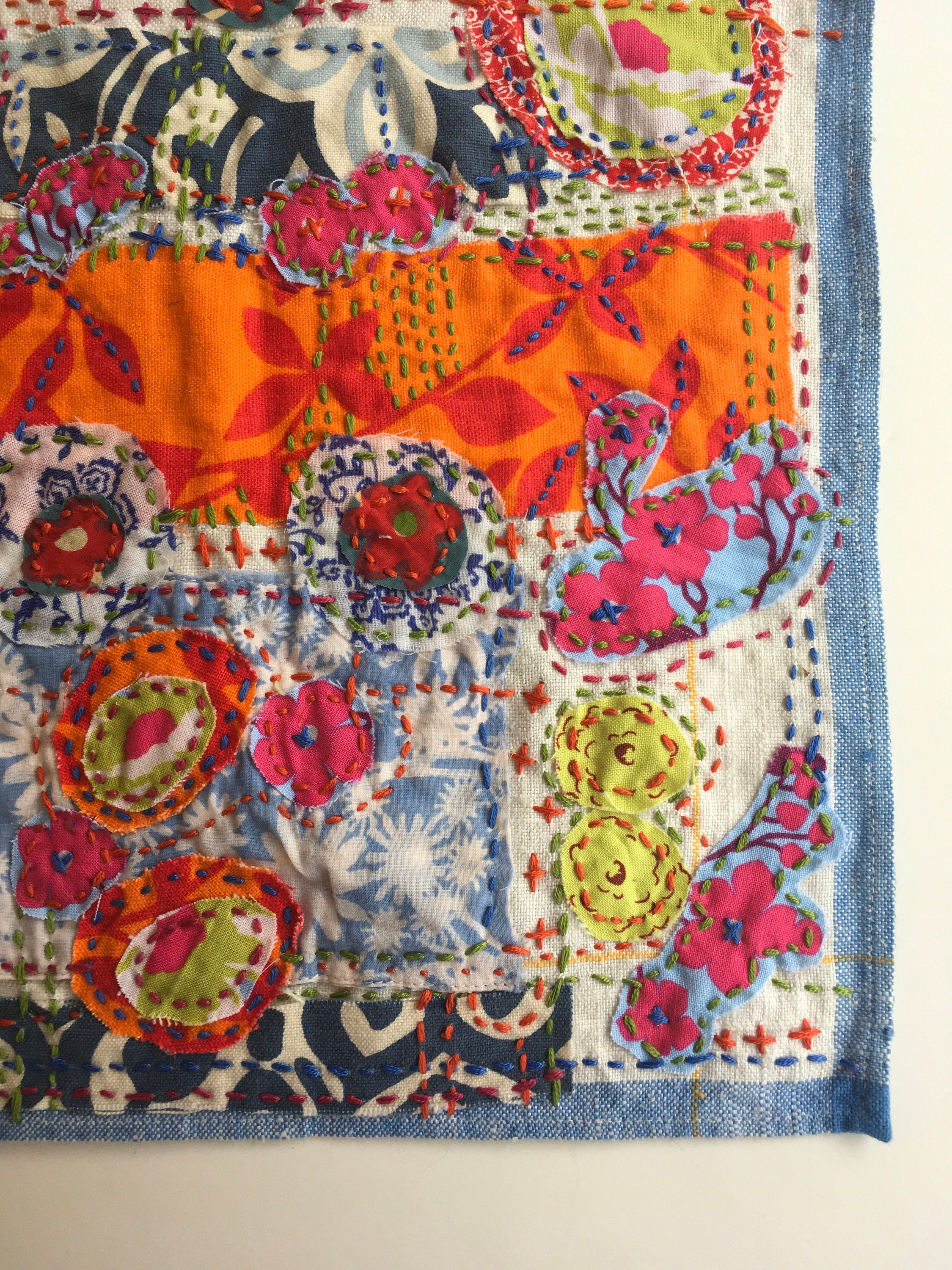 Hand-stitched Bright Multi-colored Fabric Collage - Etsy