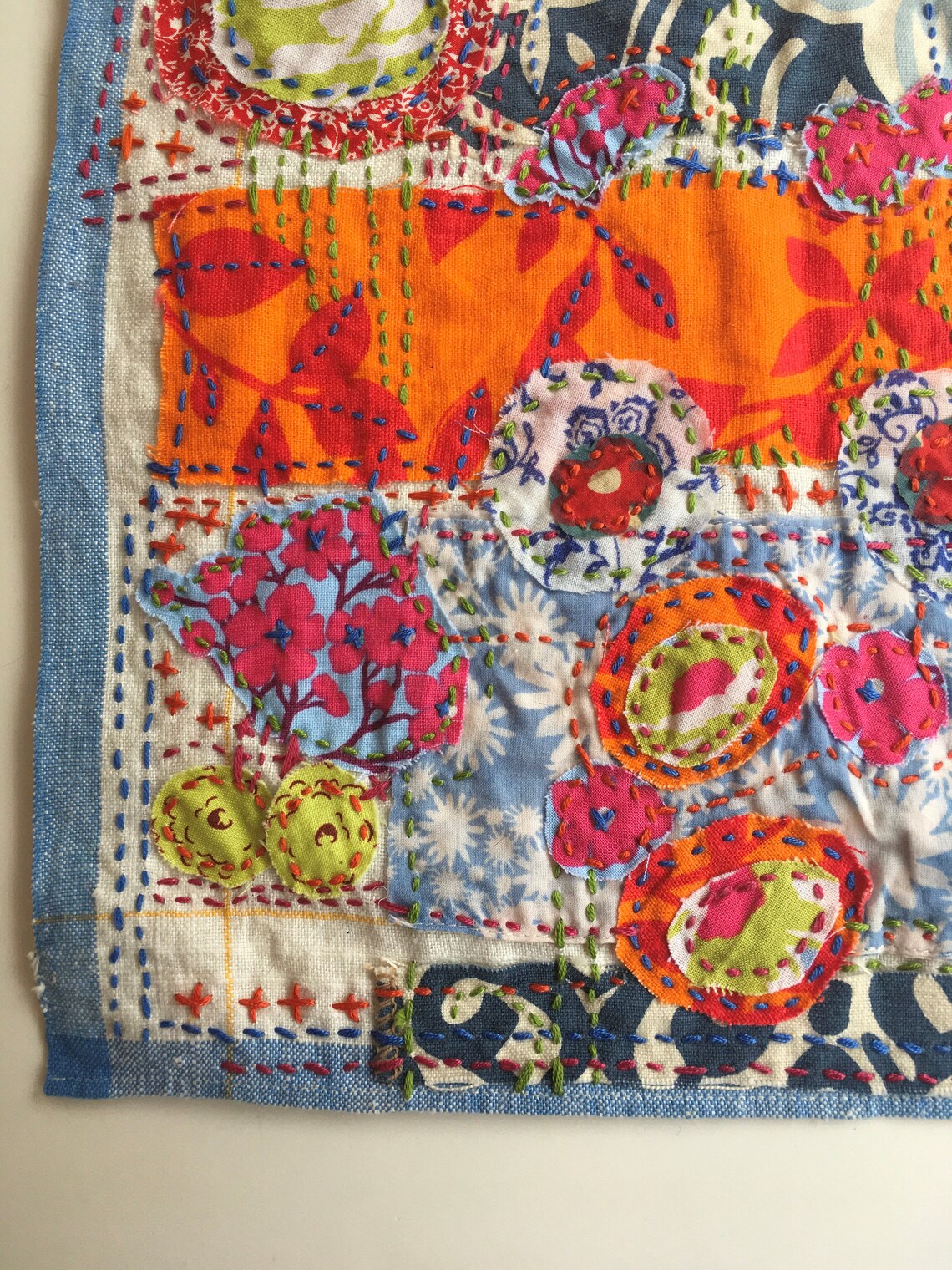 Hand-stitched Bright Multi-colored Fabric Collage - Etsy