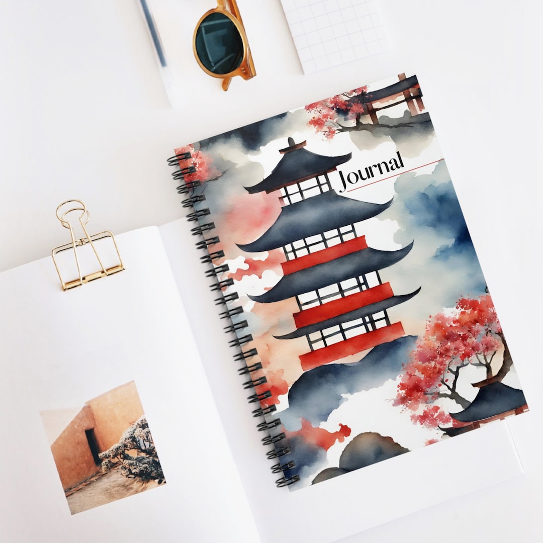 Watercolor Japanese Building Art Spiral Notebook and Journal Ruled Line ...