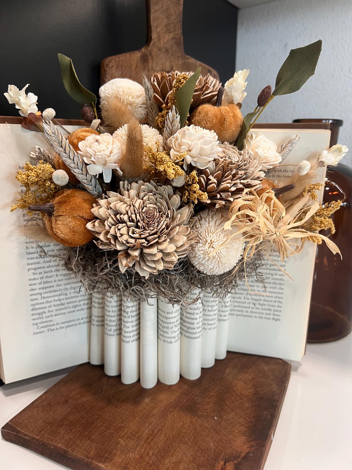 Upcycled Book Vase - Dried Fall Floral Bouquet - Vintage Book Decor ...