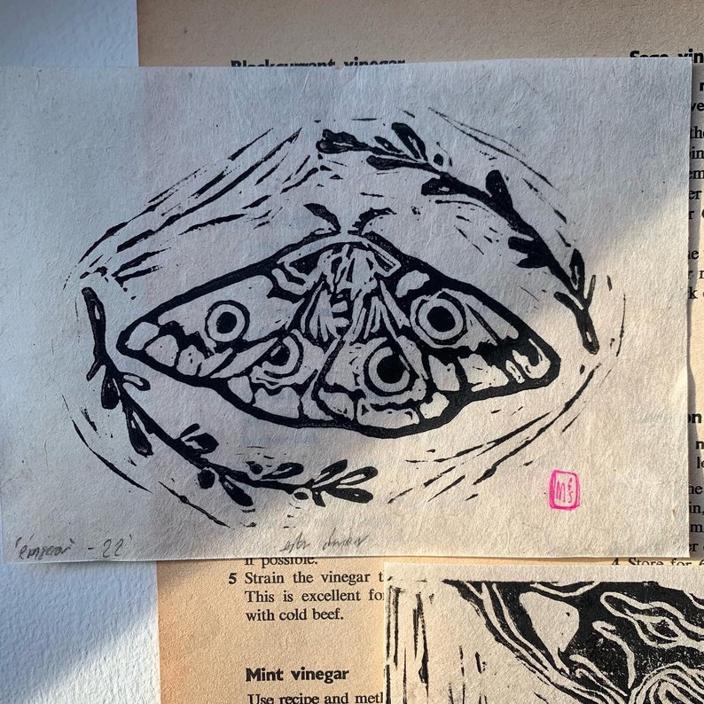 Emperor Linocut Moth Print - Etsy