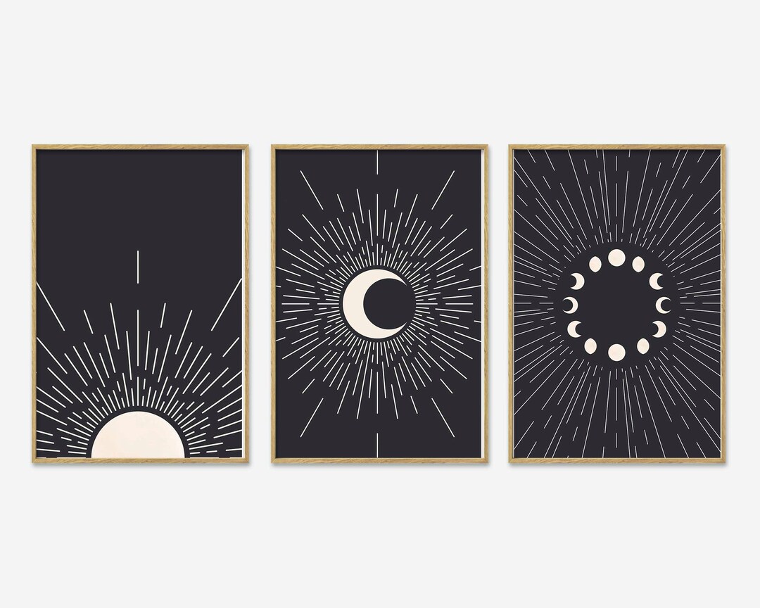 Sun Moon Wall Art, Abstract Boho Poster Print, Set of 3 Minimal Wall ...