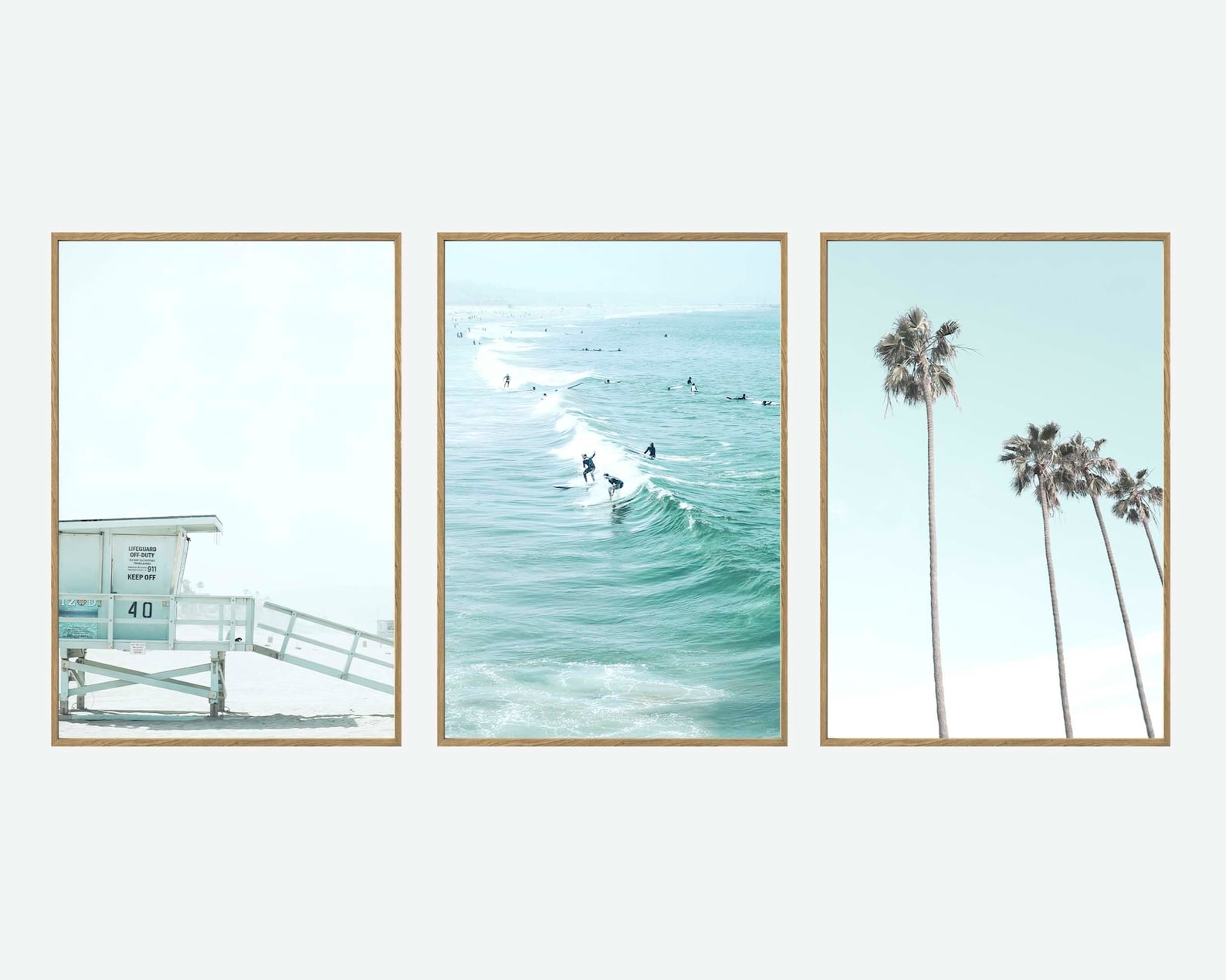 Set 3 Print, California Palm Tree, Beach Surfer Waves Poster, Coastal ...
