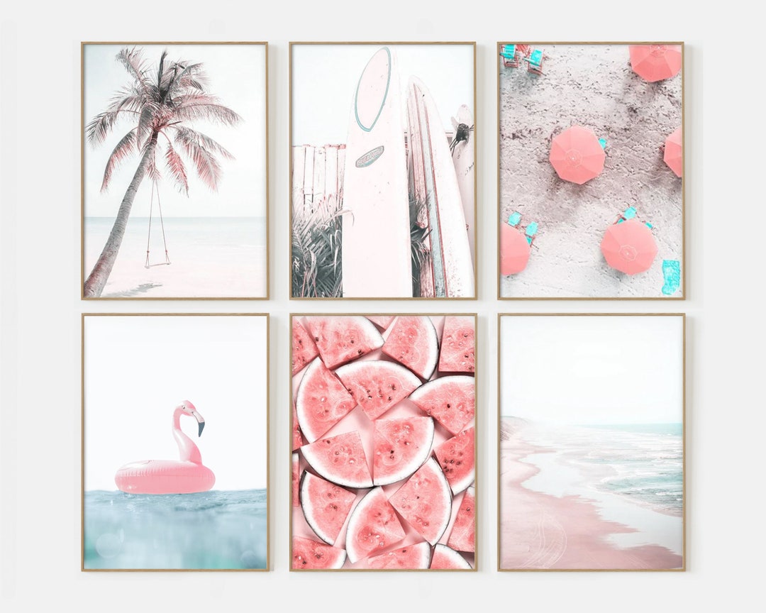 Beach Print Set of 6 Prints Pastel Pink Beach Art Ocean Wall Art ...