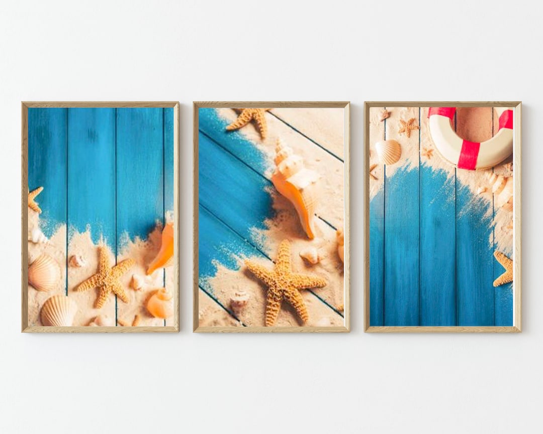 Set 3 Prints, Beach Scene Concept With Sea Shells and Starfish on Blue ...