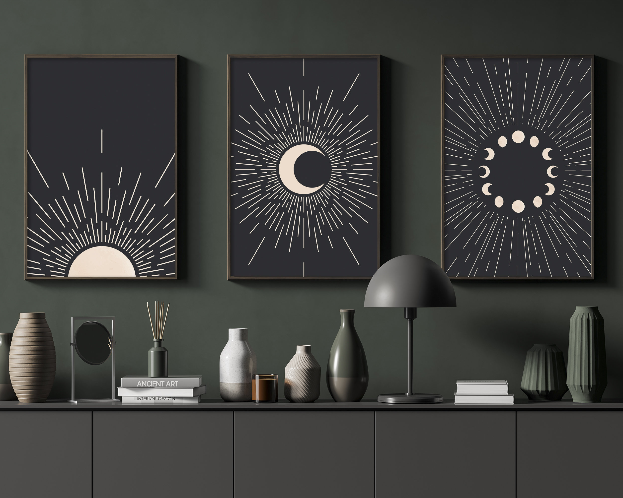 Sun Moon Wall Art, Abstract Boho Poster Print, Set of 3 Minimal Wall ...