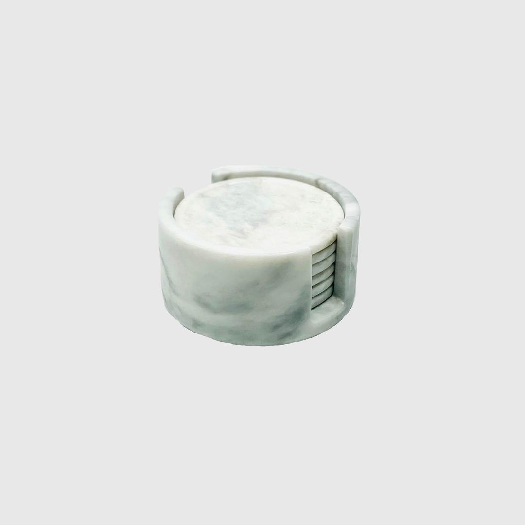 Bianca White Marble Coaster With Marble Holder Set of 6 Handmade ...