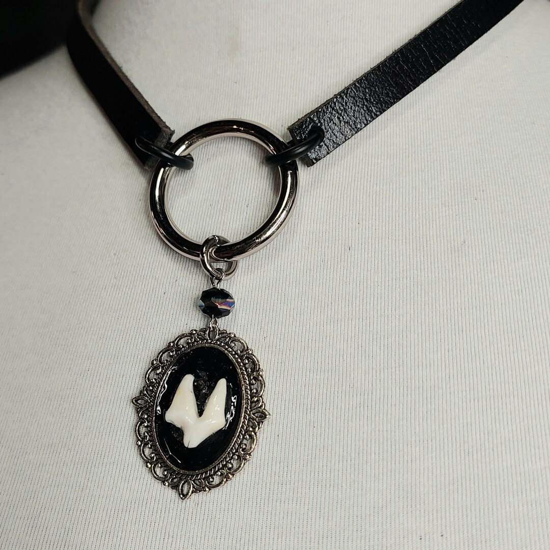 Silver Framed Tooth Cameo Necklace. Sleek Leather and Adjustable Chain ...